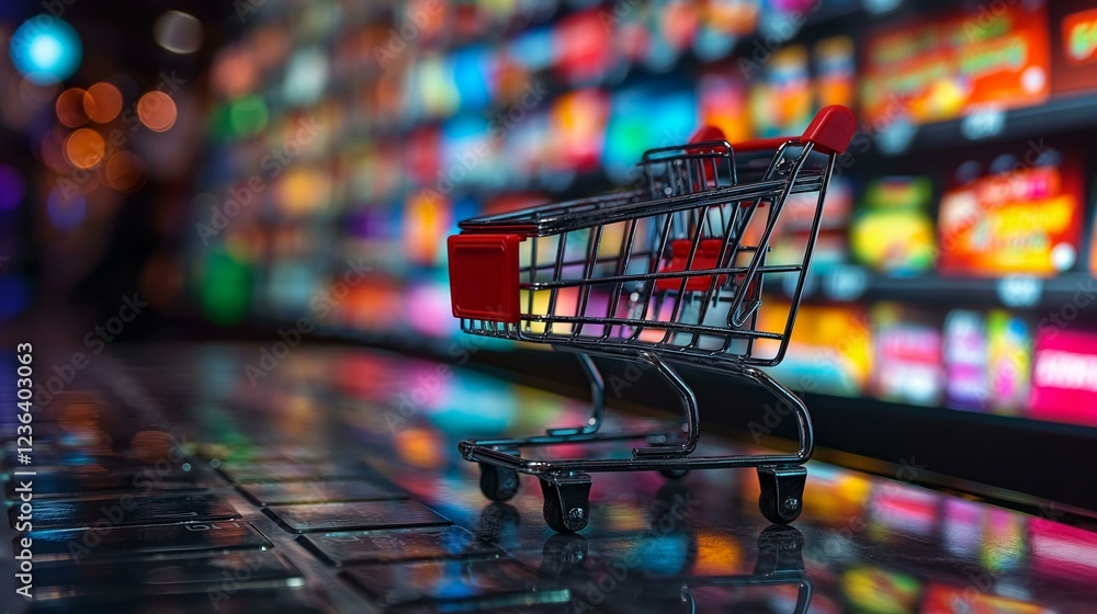 Miniature Shopping Cart on Laptop Keyboard with Blurred Supermarket ...
