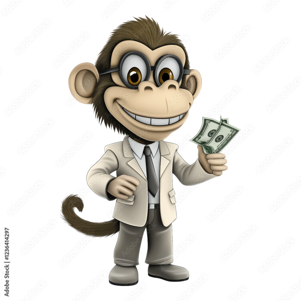 Cartoon monkey character in business attire holding money with a ...