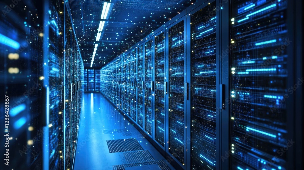 Data center server room, glowing lights, night, network, technology ...