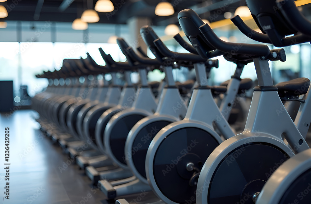 Row of stationary bikes are lined up in a gym. Blurred background ...