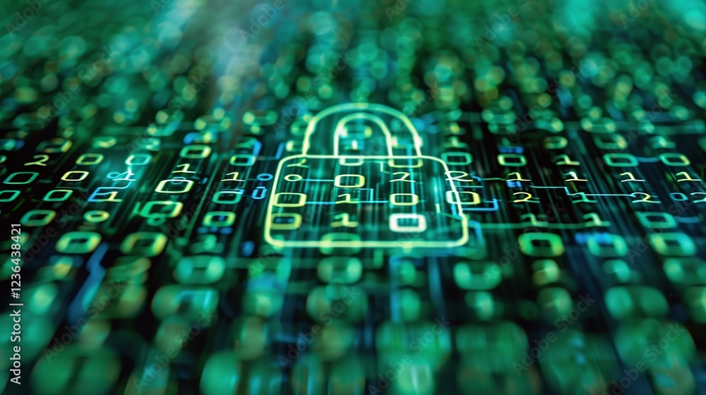 Secure digital technology with lock and data protection concept Abstract binary code and ...