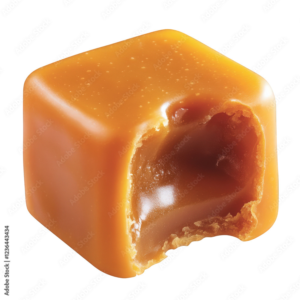 transparent background, PNG, A single caramel cube with a bite taken ...