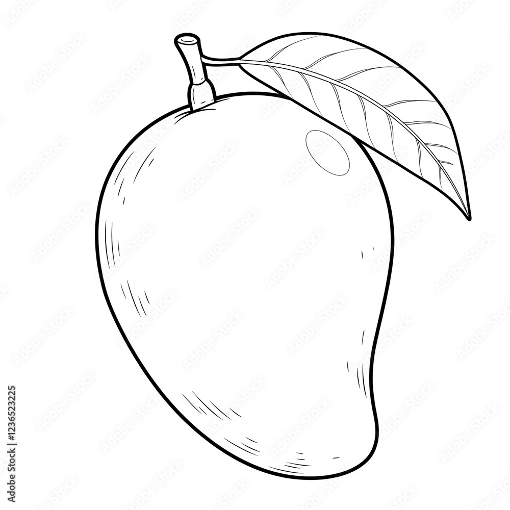 Black and white line drawing of a single mango with a small leaf ...