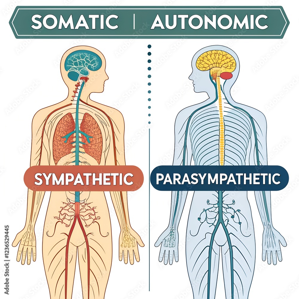 Somatic vs autonomic nervous system in detailed division outline diagram. Labeled educational ...