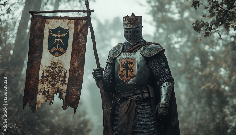 Medieval lord with a heraldic banner battle armor and an ancient family ...