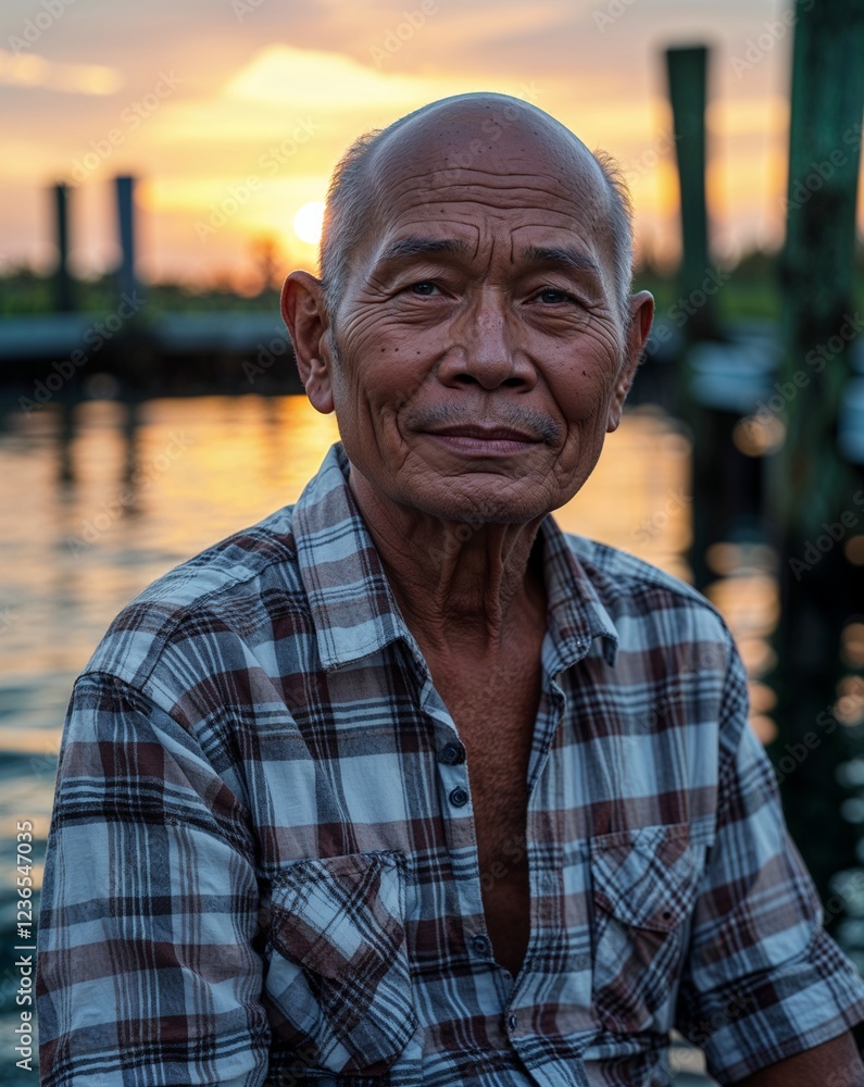 Elderly pretty Filipino man relaxed bald head checkered shirt on ...