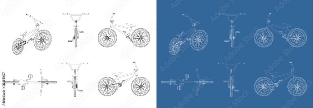 Set Outline of BMX Bicycle technical drawing line art. Front, back ...