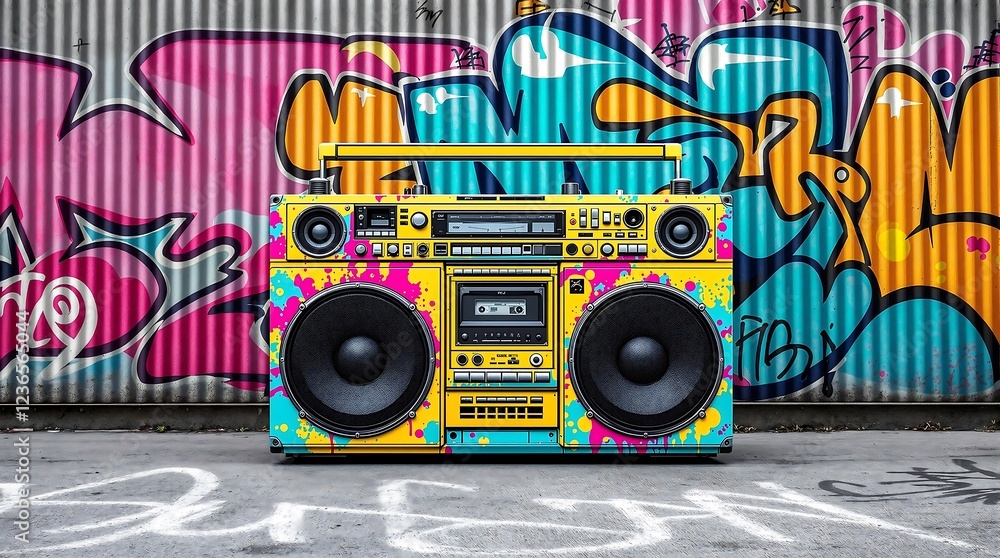 Retro 1980s Ghetto Blaster Boombox in Grungy Graffiti-Covered Room ...