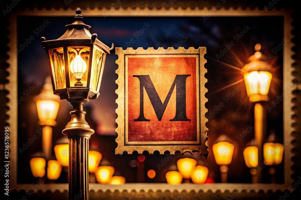 Ilustración de Stock Vintage Postage Stamp Letter M, Night Photography ...