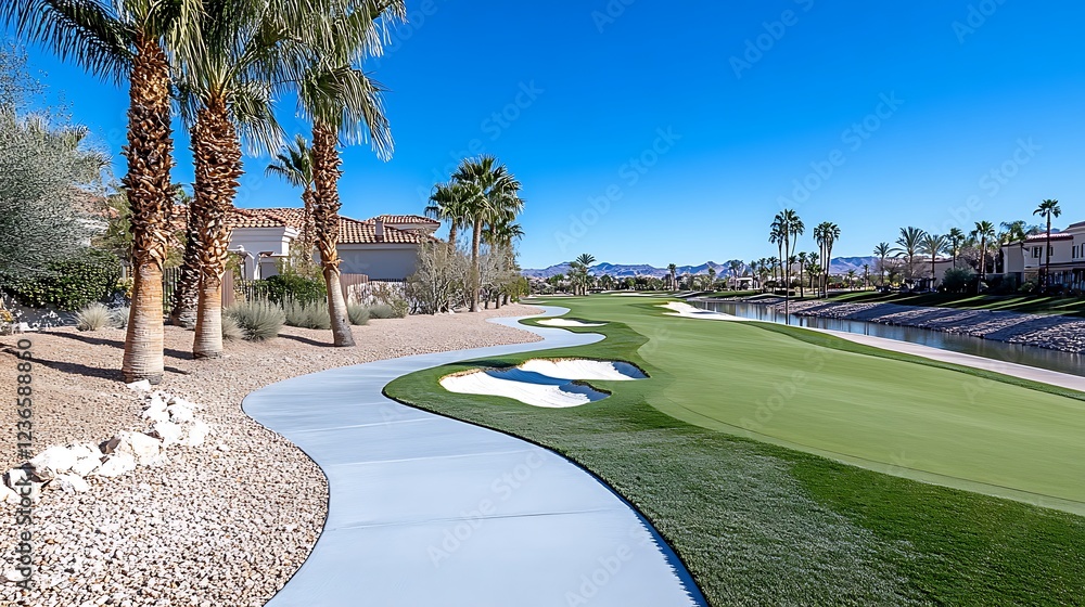 Scenic Golf Course Pathway with Palm Trees and Luxury Homes Arizona ...