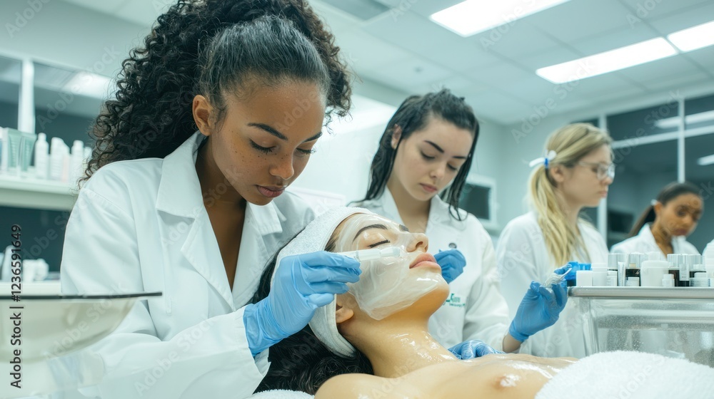 A classroom setting in a cosmetology school, with students learning ...
