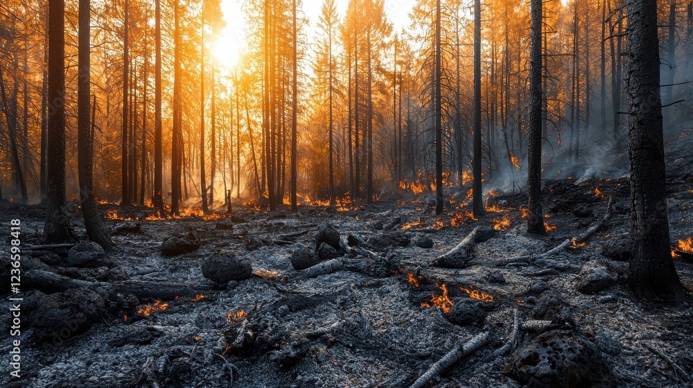 charred landscape after wildfire, showcasing blackened trees and ...