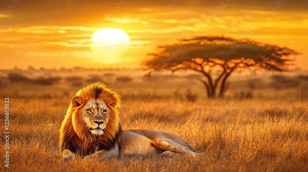 Lion in Natural Habitat on African Savannah Basking in Late Afternoon ...