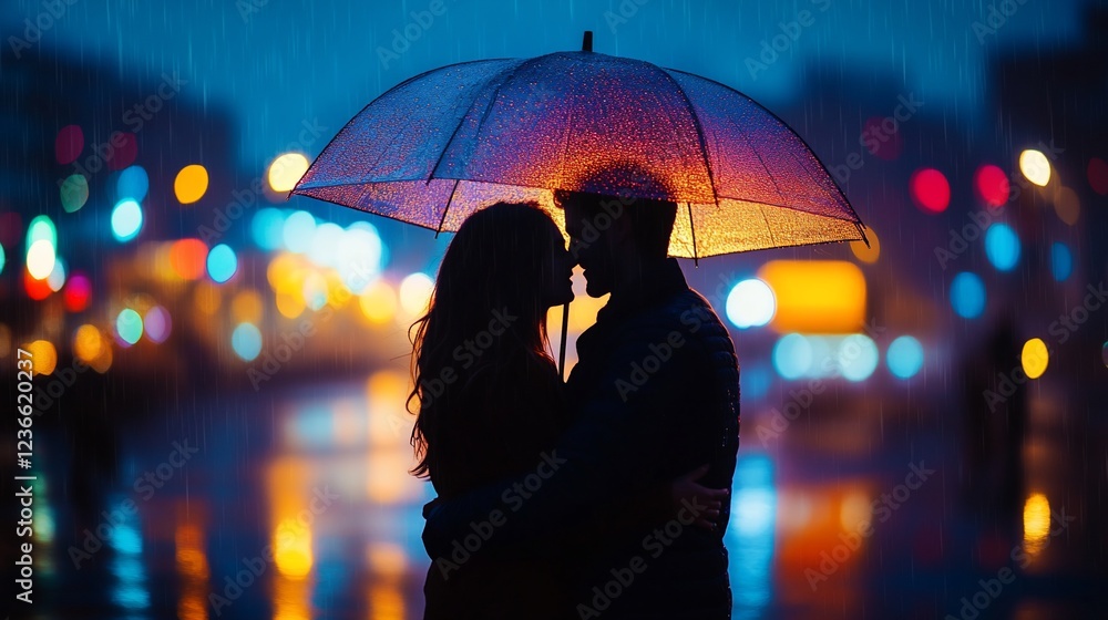 Silhouette of Couple Kissing Under a Rain-Kissed Umbrella at Night Stock Illustration | Adobe Stock