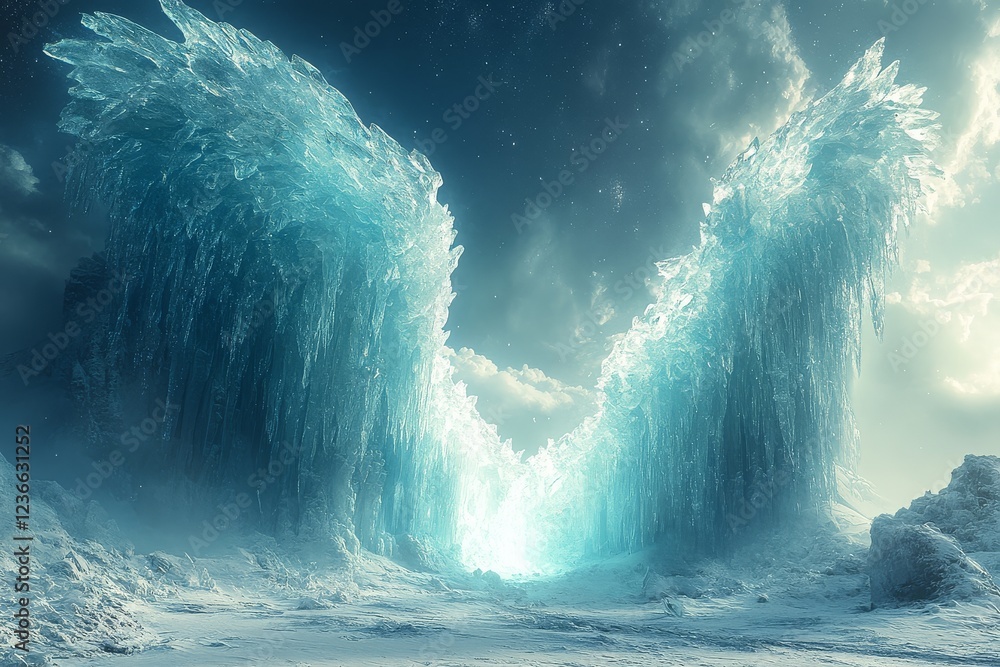 Abstract ice cave with blue and turquoise colors, ice wings, and ...