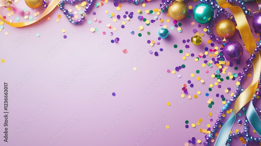 Purple - themed party border with colorful confetti, ribbons, and ...