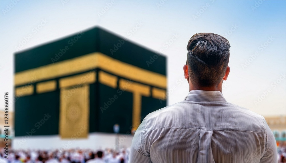 Muslim man praying at blurred background of Kaaba in Mecca. Back view ...