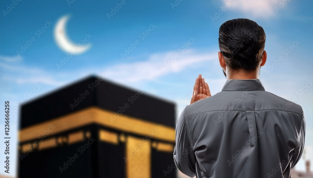 Muslim old man praying at blurred background of Kaaba in Mecca. Back ...