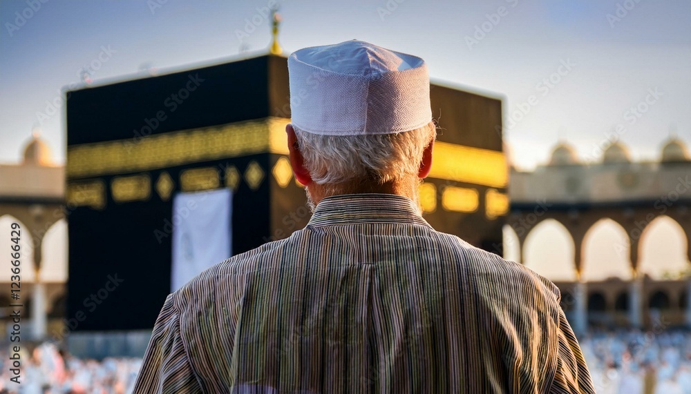 Muslim old man praying at blurred background of Kaaba in Mecca. Back ...