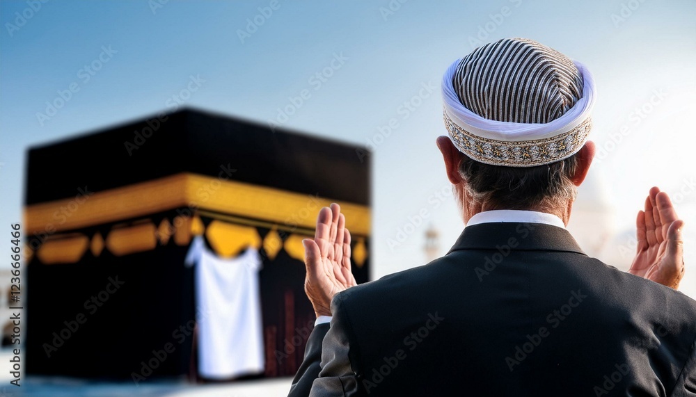 Muslim old man praying at blurred background of Kaaba in Mecca. Back ...