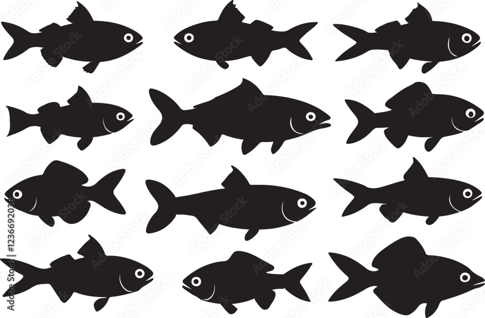 Zebrafish silhouette set, flat fish vector illustration, fish black ...