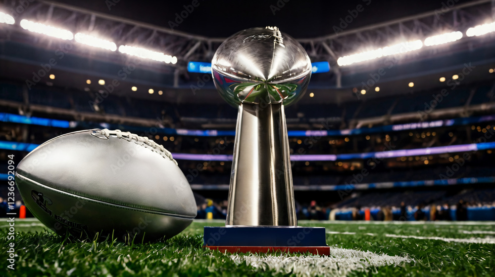 Super Bowl Trophy and Football on Stadium Field Turf, Professional ...