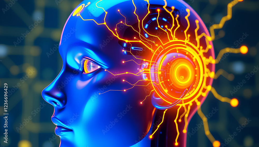 Side view of a humanoid head with blue and yellow eyes and vibrant neon ...