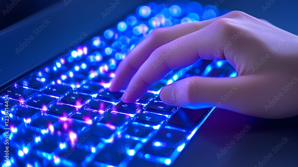 Illuminated keyboard, hand typing, night, glowing keys, website design ...