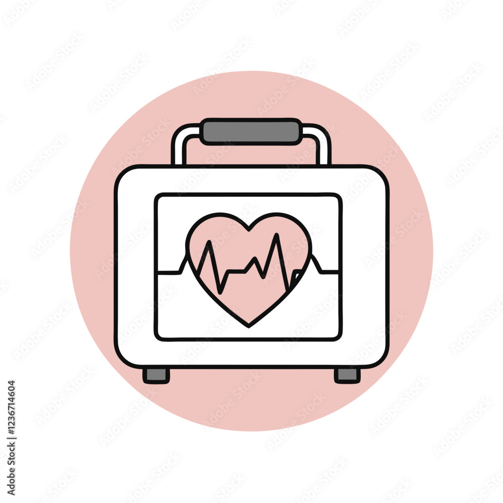 Simple line drawing of AED device with heart monitor graphic. White ...