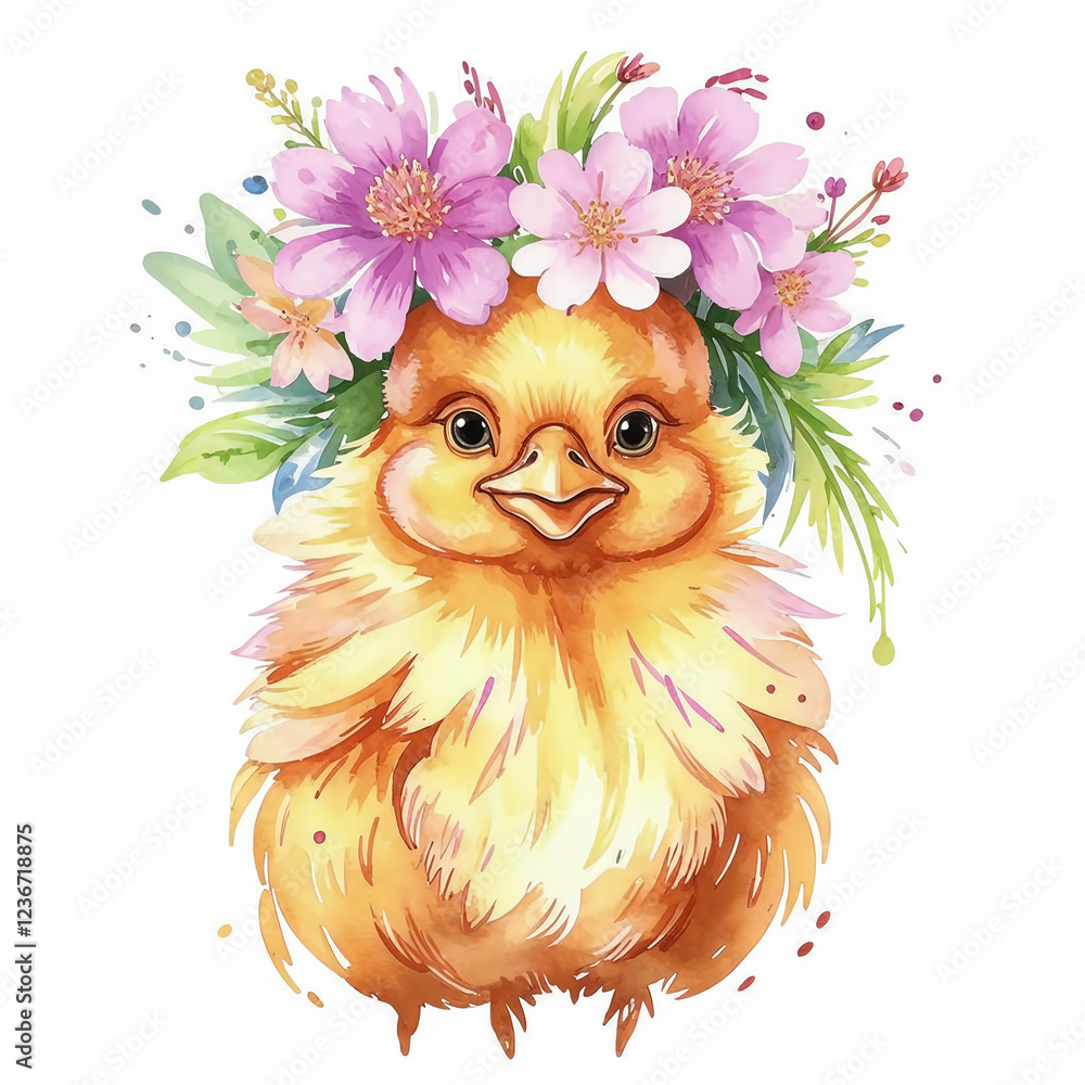 cute little chicken with flowers on its head, Easter symbol, spring ...
