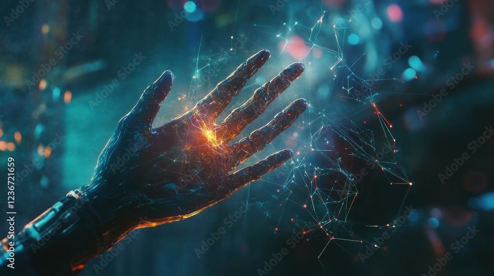 Science, Al technology, Machine learning, Hand of robot touch a data ...