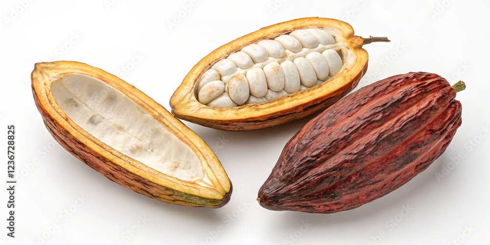 Cacao pods are shown in varying states of ripeness, with one pod sliced ...