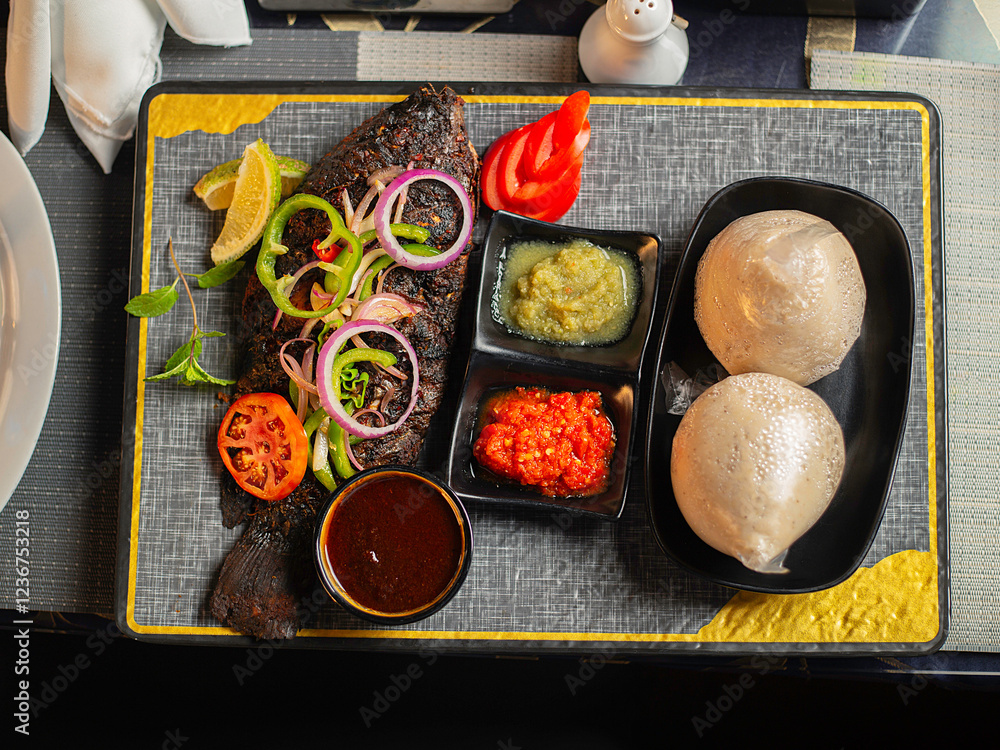 banku with grill tilapia and grinding red and green pepper served ...
