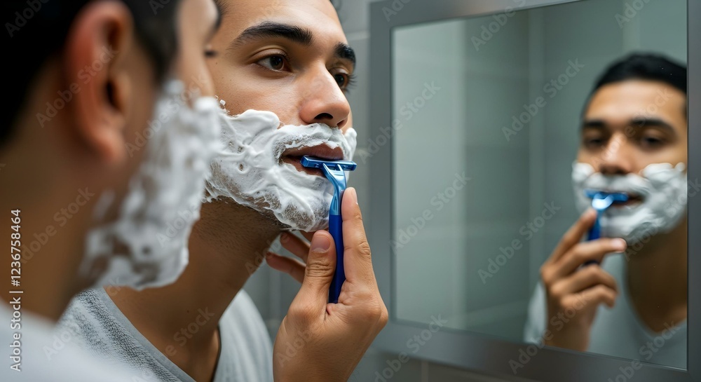 Person shaving in the bathroom, Man with face covered with shaving foam ...