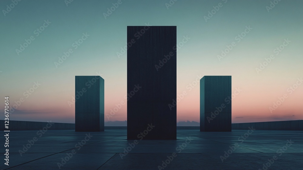 Three tall, dark obelisks stand on a concrete surface against a sunset ...