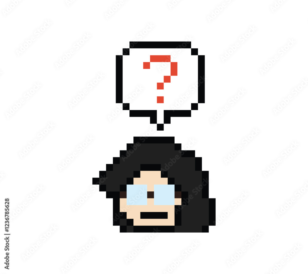 Cute pixel cartoon character woman with question mark decoration 8 bit ...