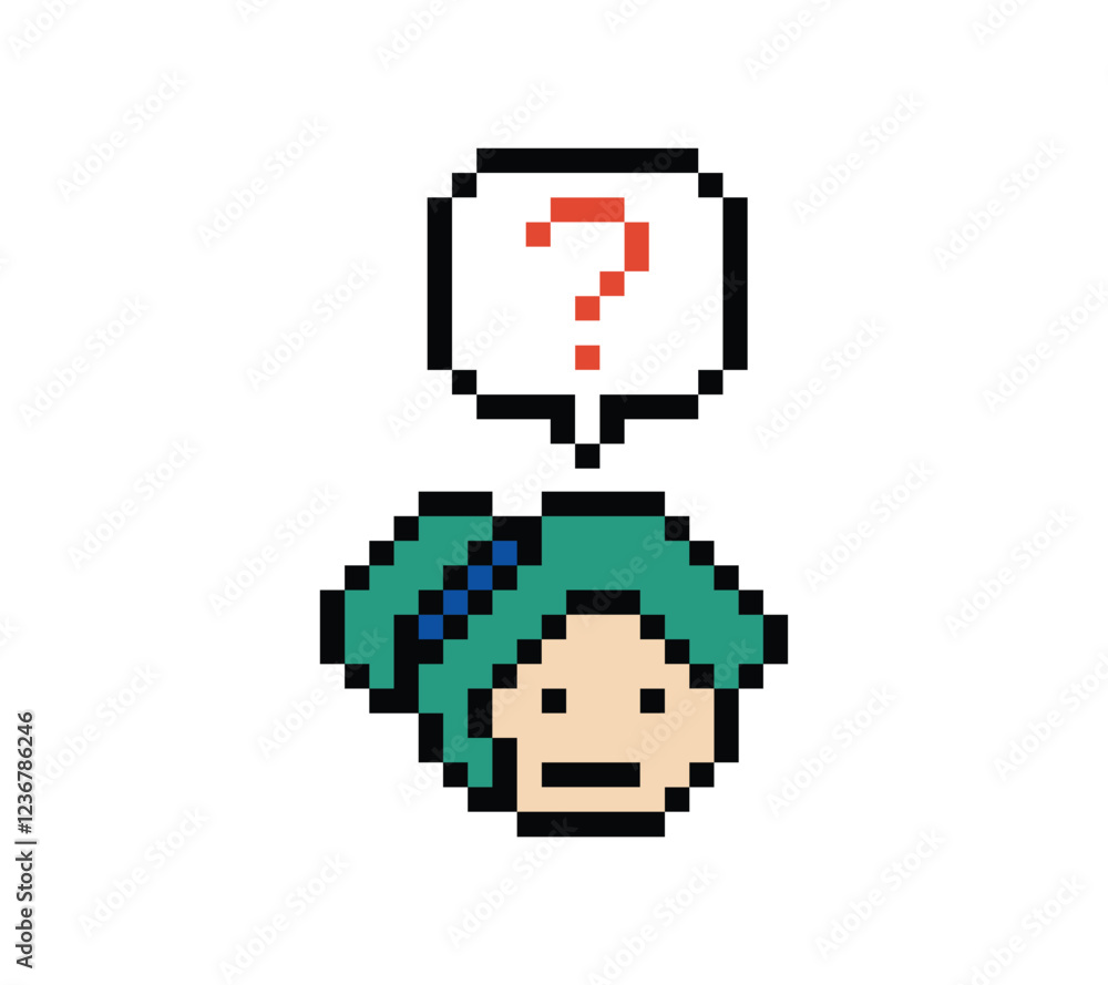 Cute pixel cartoon character woman with question mark decoration 8 bit ...