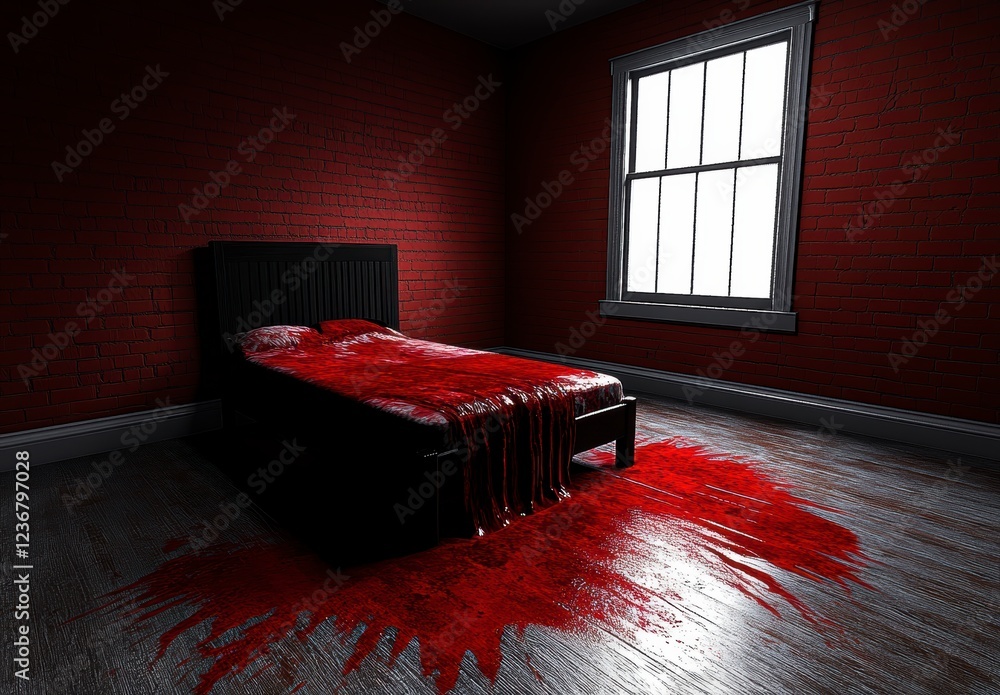 Blood covers a bed and floor in a dark room with red brick walls and a ...