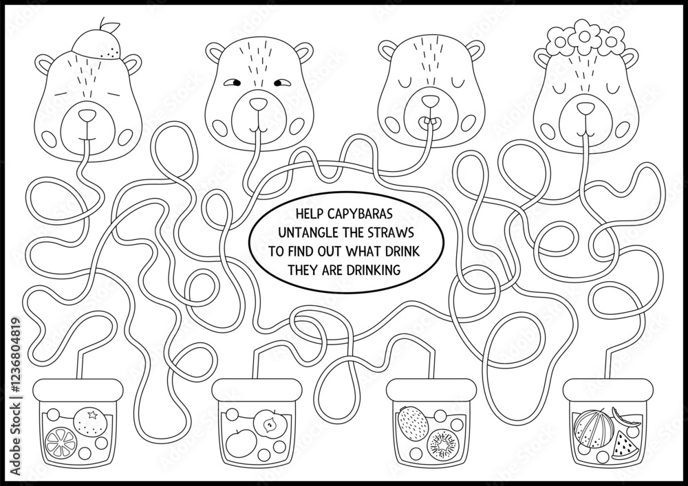 Black and white maze for kids with capybaras drinking bubble tea ...