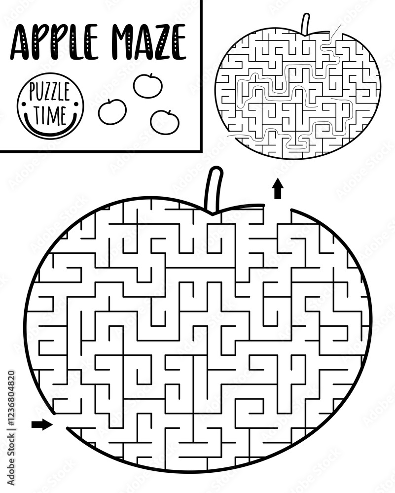 Fruit black and white geometrical maze for kids. Preschool line ...
