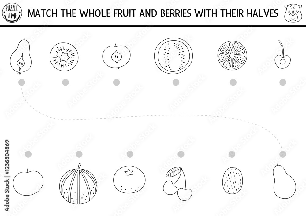 Capybara black and white matching activity with whole fruit, berry ...