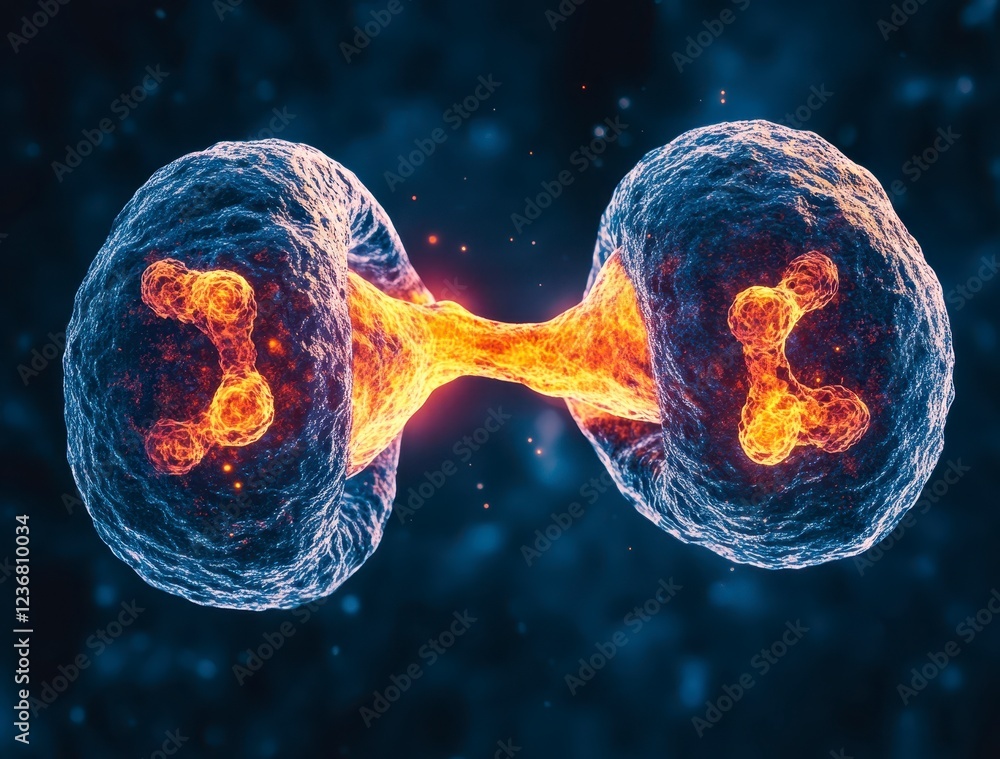 Microscopic view of two cells undergoing cytokinesis, fiery orange and ...