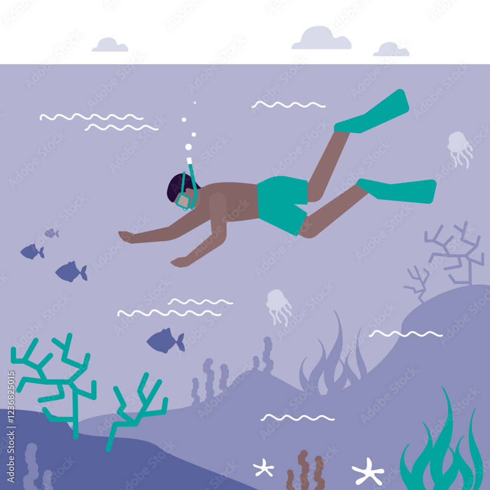Snorkeling and diving underwater. Tourist diver, tanned man with oxygen ...