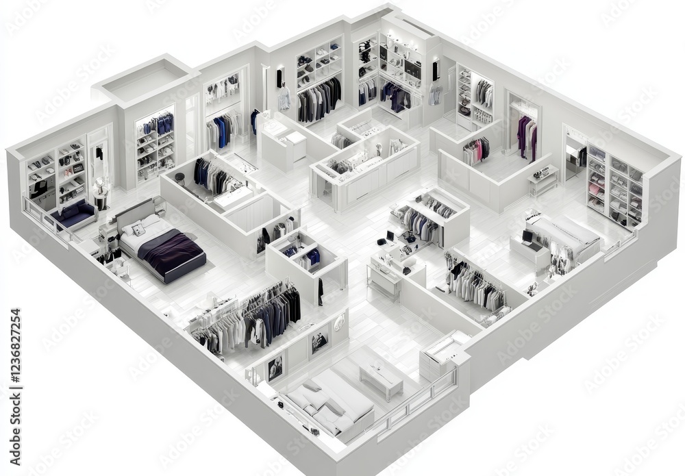 Overhead view of a spacious clothing store layout, showcasing various ...