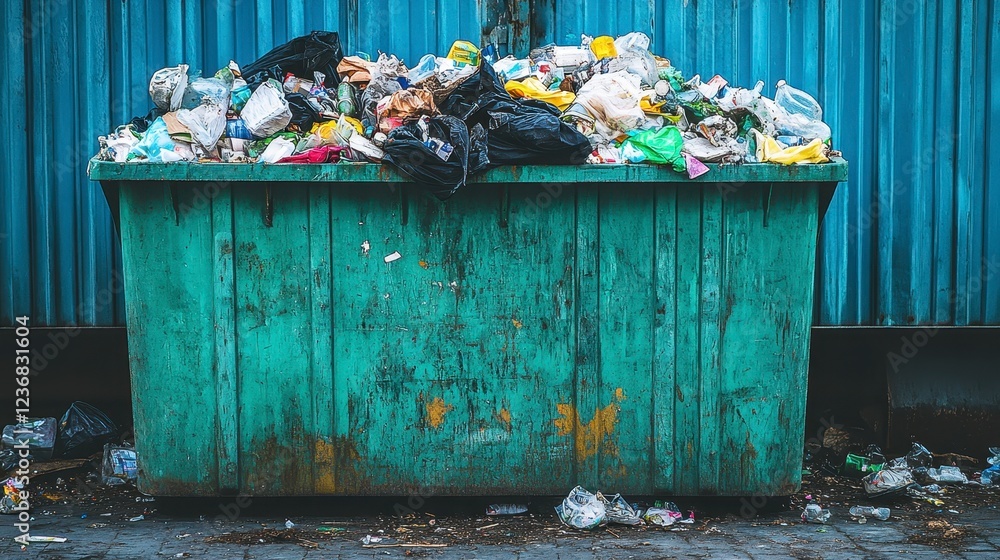 Overfilled green dumpster overflowing with various types of trash ...