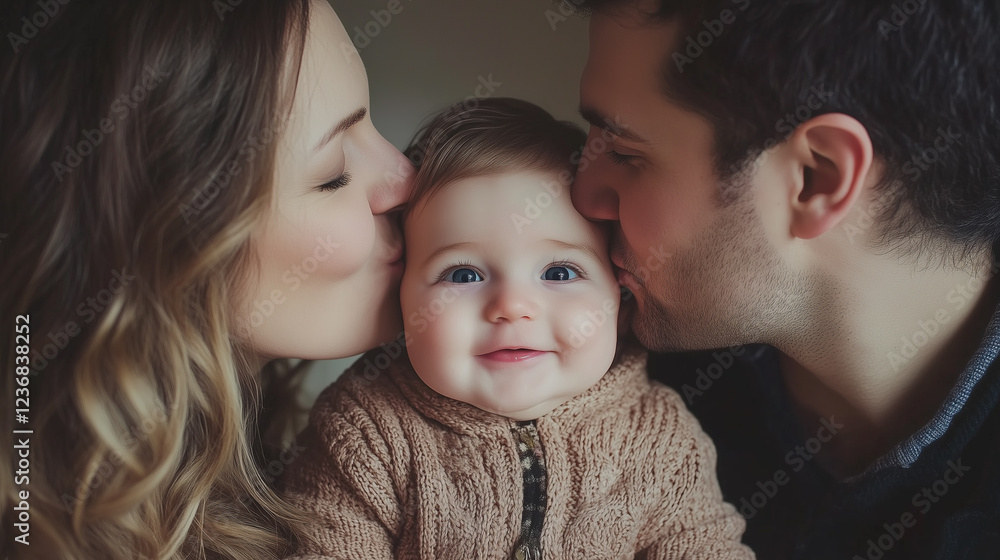 international kissing day. Parents kissing their child. A warm and ...