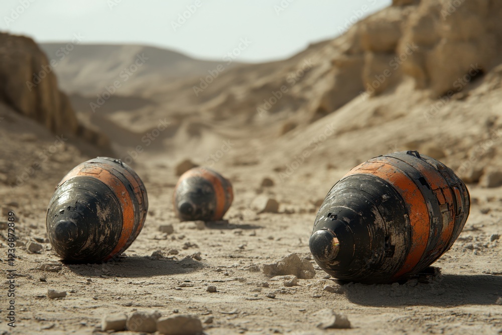 Old artillery shells lined up on a dry desert landscape during daylight ...