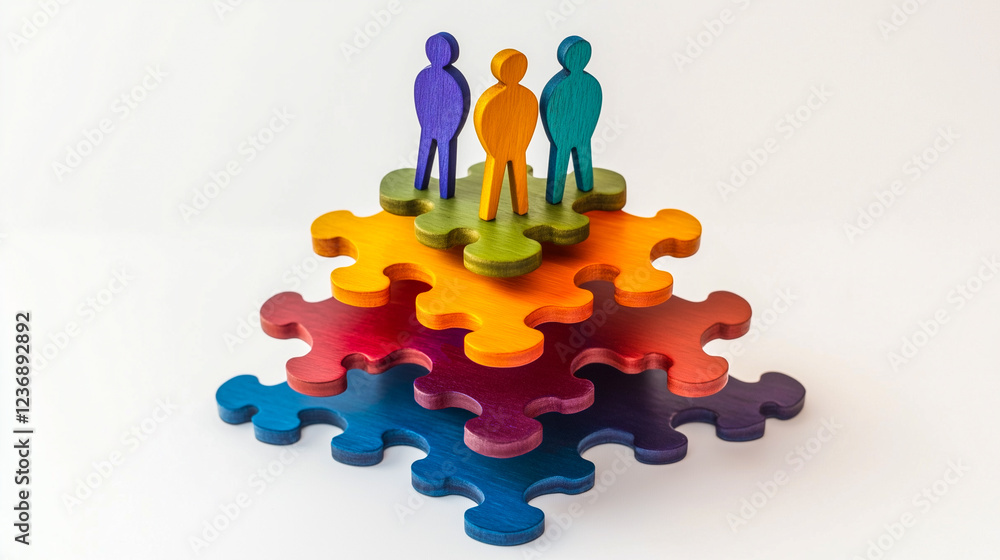 Colorful wooden human figures standing on puzzles. Teamwork, unity, and ...
