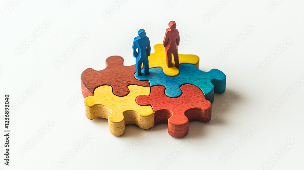 Wooden human figures on colorful puzzles. Teamwork, unity, and success ...