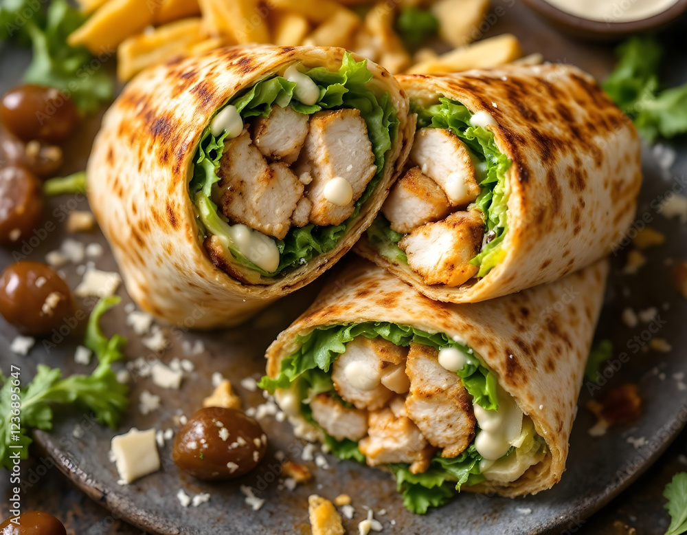 An overhead view of a grilled chicken wrap, displaying layers of tender ...